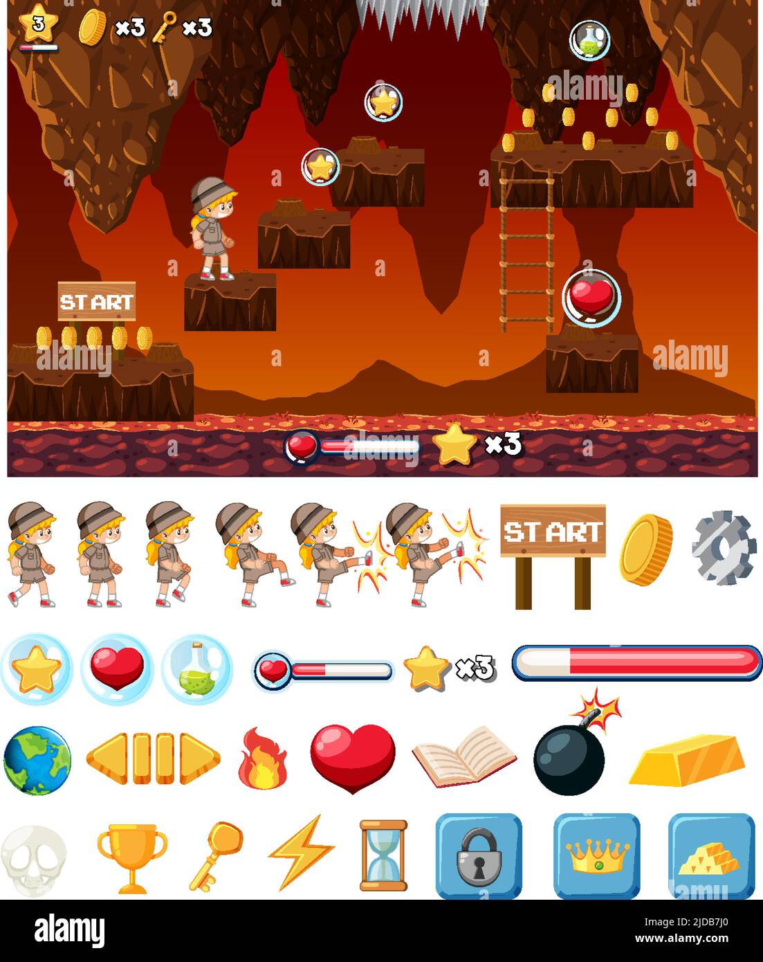 Platform game interface design with icons isolated illustration Stock ...