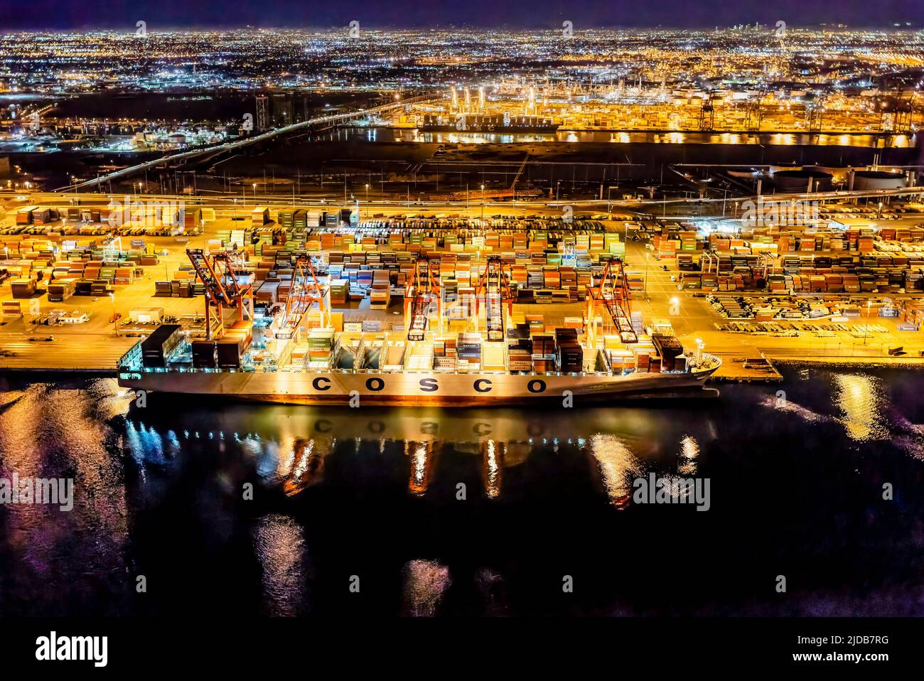 Evening aerial view of container shipping at Terminal Island, Los ...