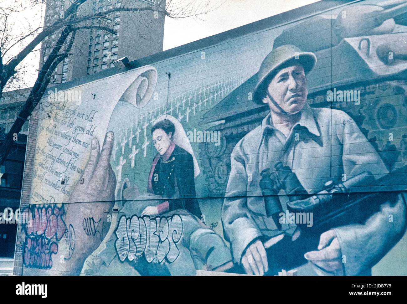 Outdoor wall mural depicting post-war grief with a mourning widow, a ...