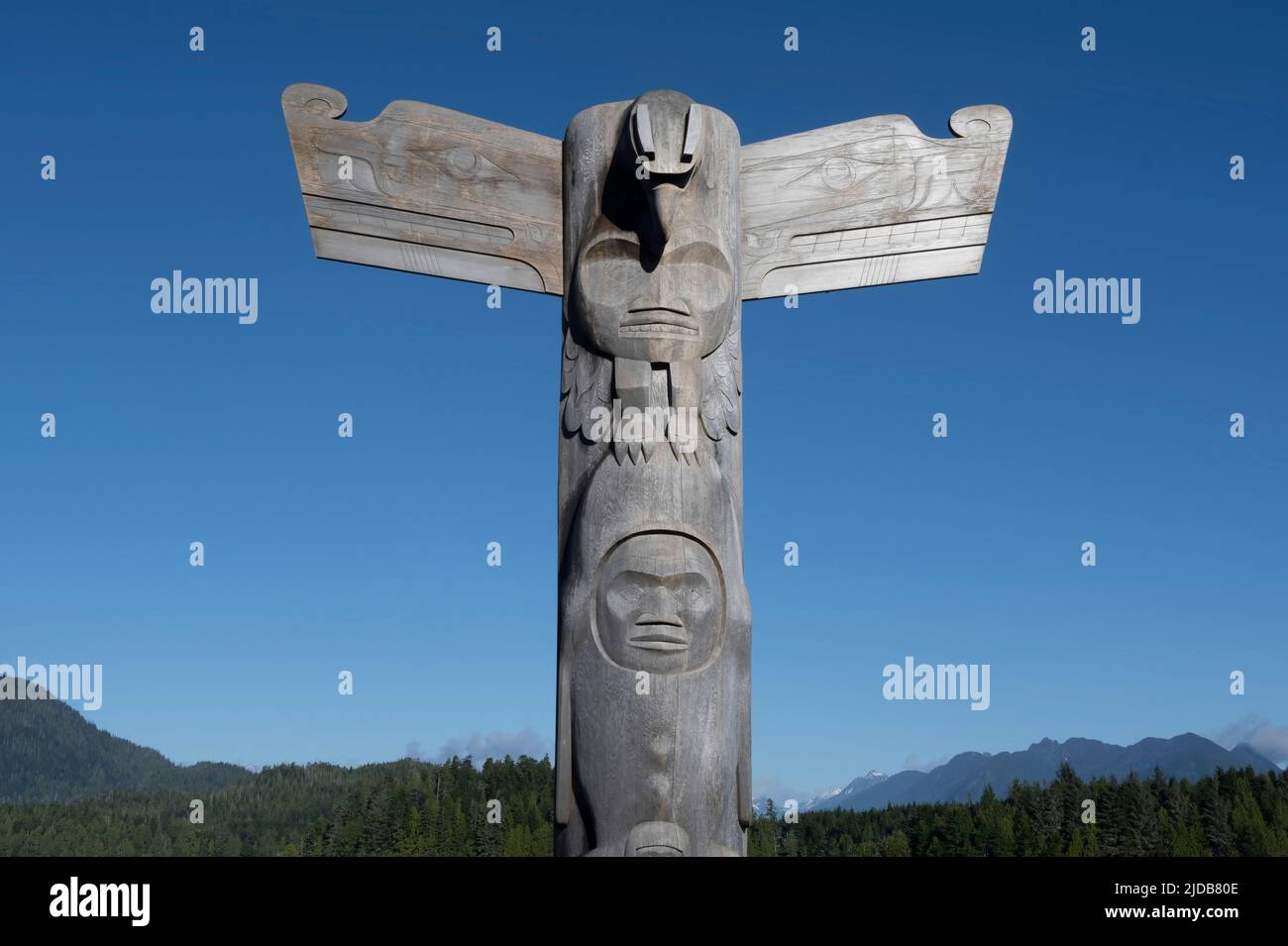 Totem pole, a type of Northwest coast art, with blue sky, temperate ...