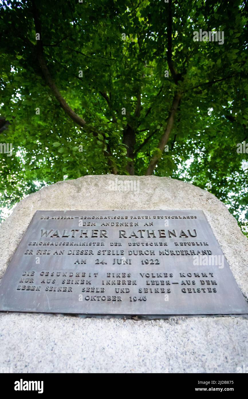 Berlin, Germany. 16th June, 2022. A memorial stone to Walther Rathenau ...