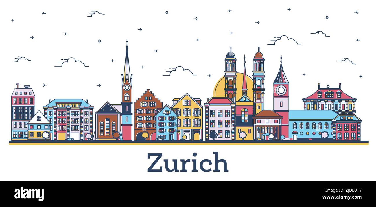 Outline Zurich Switzerland City Skyline with Colored Historic Buildings ...