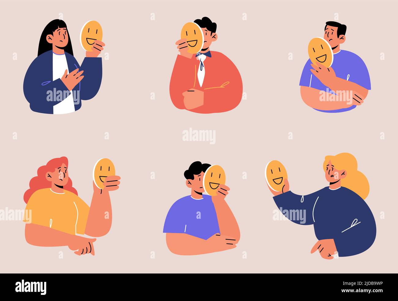 Set of people hiding faces behind of social masks with fake positive ...