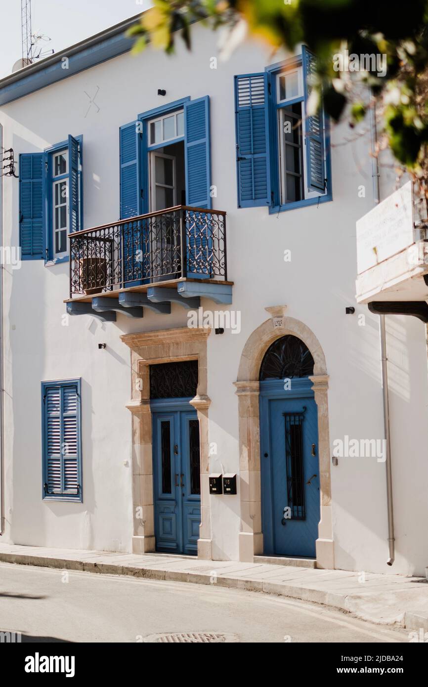 Beautiful building with blue doors and windows in Larnaca, Cyprus Stock ...