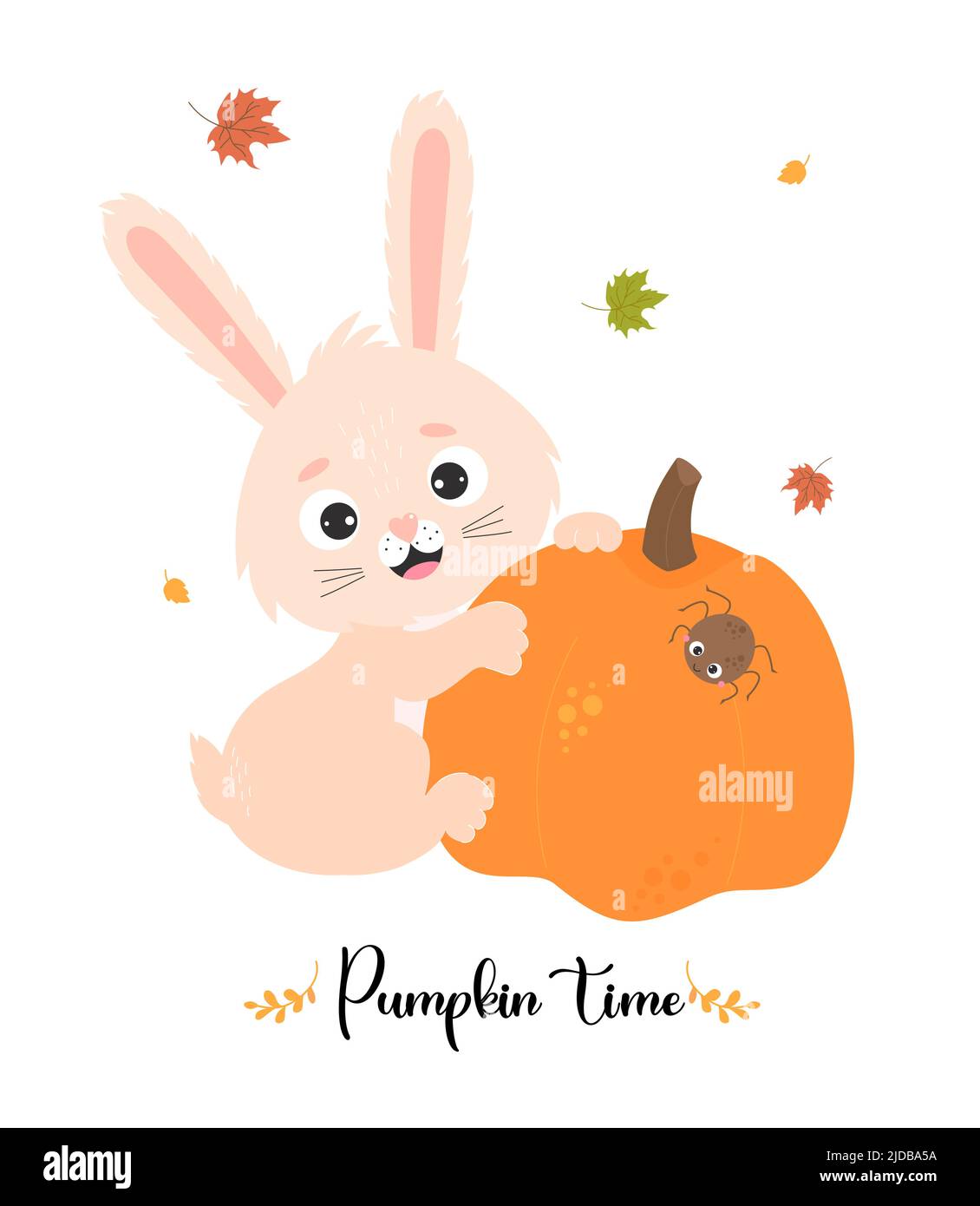 Autumn card with Cute rabbit with pumpkin, spider and autumn leaves ...