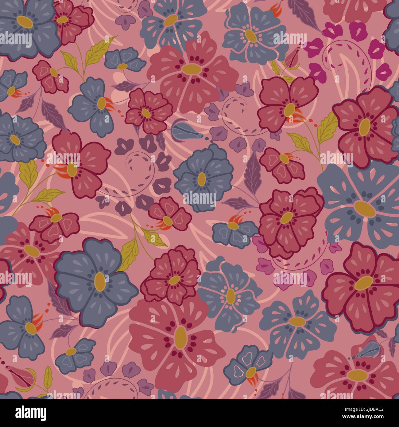 Pink and blue floral garden vector seamless pattern for fabric allover ...