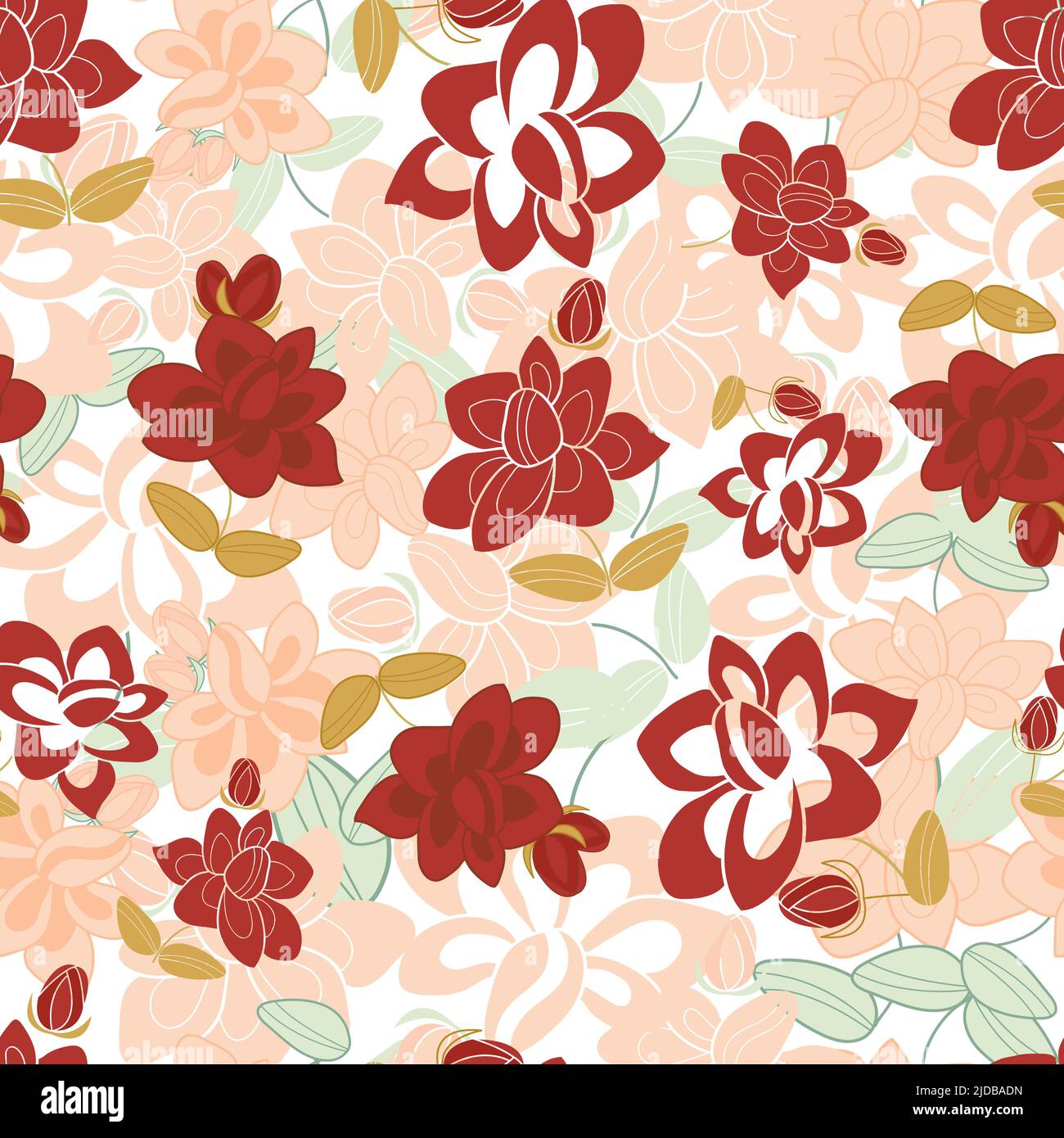 Red and peach beautiful floral vector seamless pattern. Blooming ...