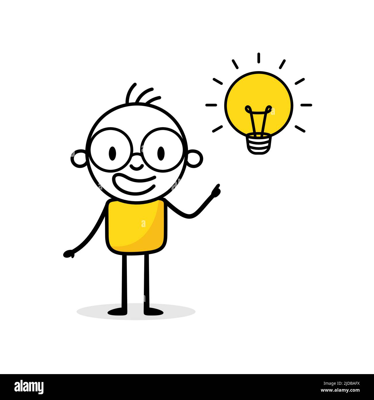 Businessman who has a light bulb above his head on white background. Hand drawn doodle man. Idea ...