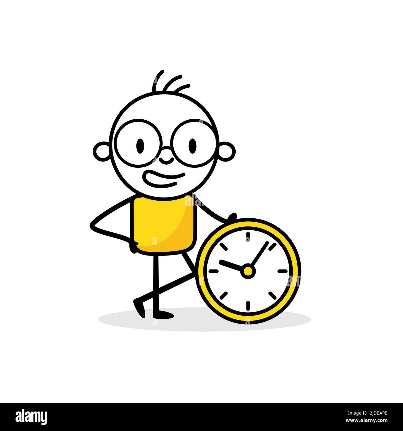 Businessman leaning on a clock on white background. Hand drawn doodle ...