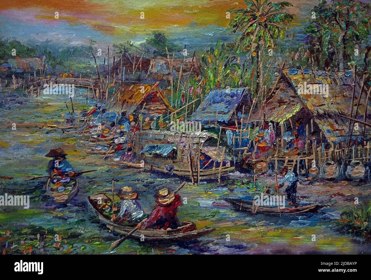 Art painting Oil color Floating market Thailand , countryside , rural ...