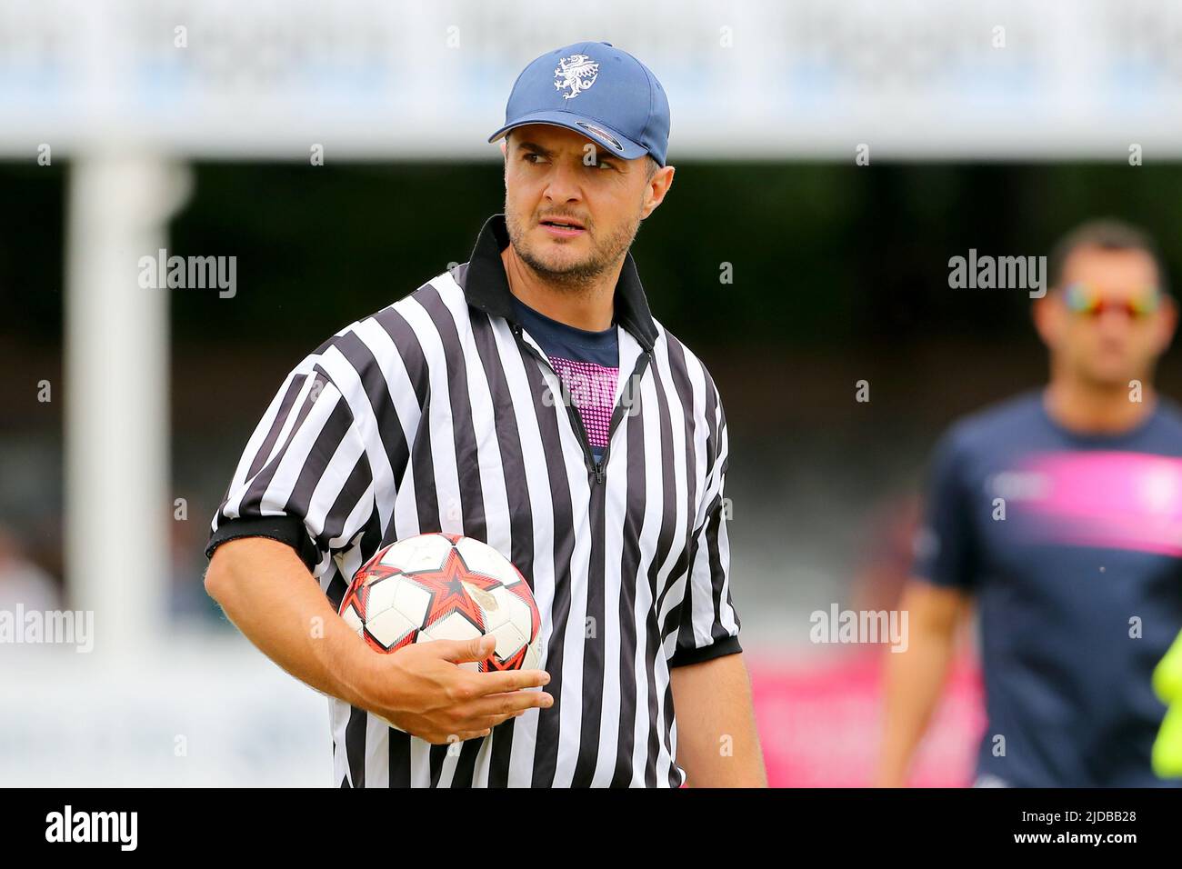 Jack Brooks of Somerset referees a pre-match football game during Essex ...