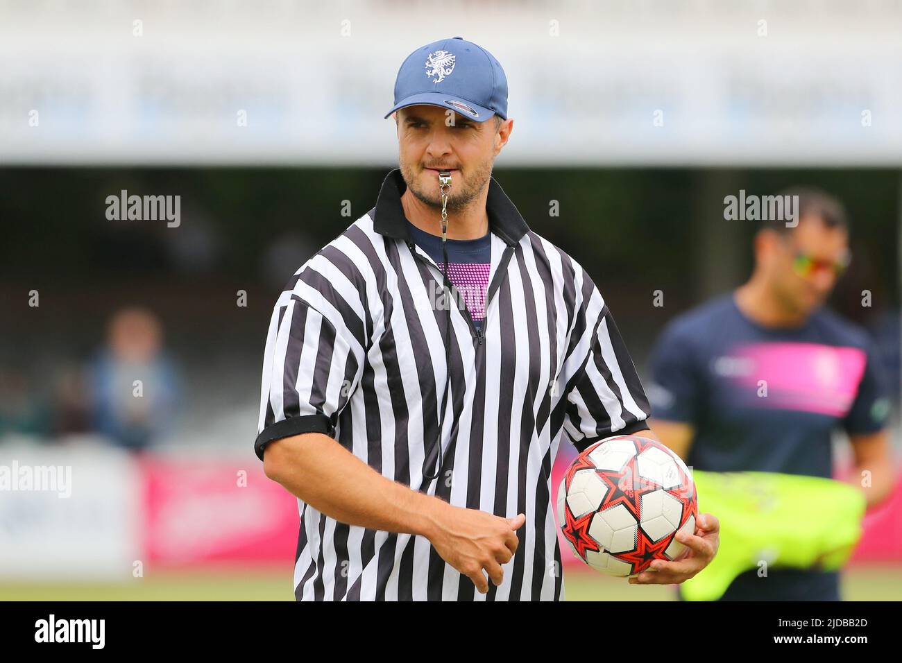 Jack Brooks of Somerset referees a pre-match football game during Essex ...