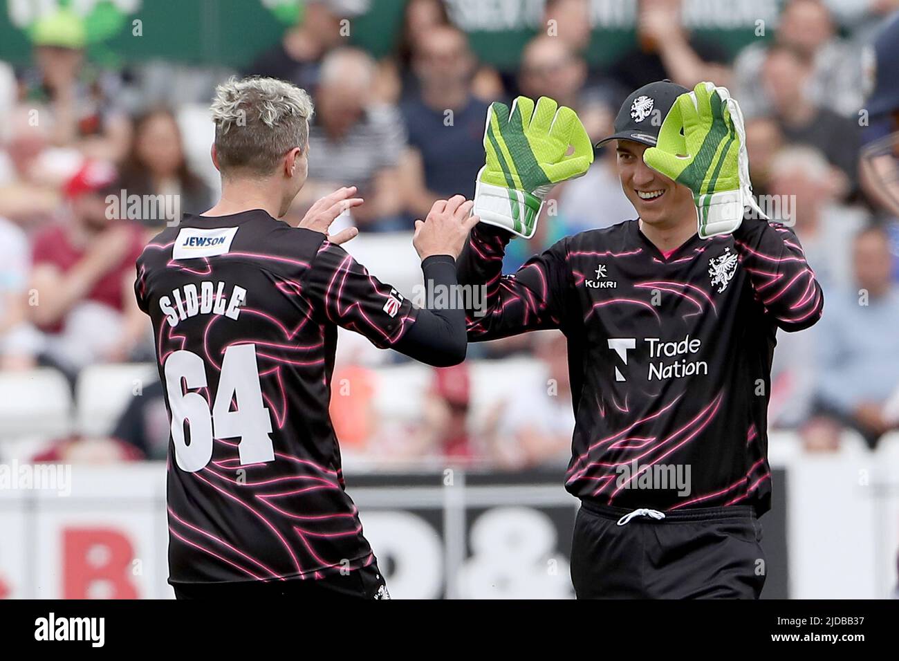 Peter Siddle of Somerset celebrates taking the wicket of Adam ...