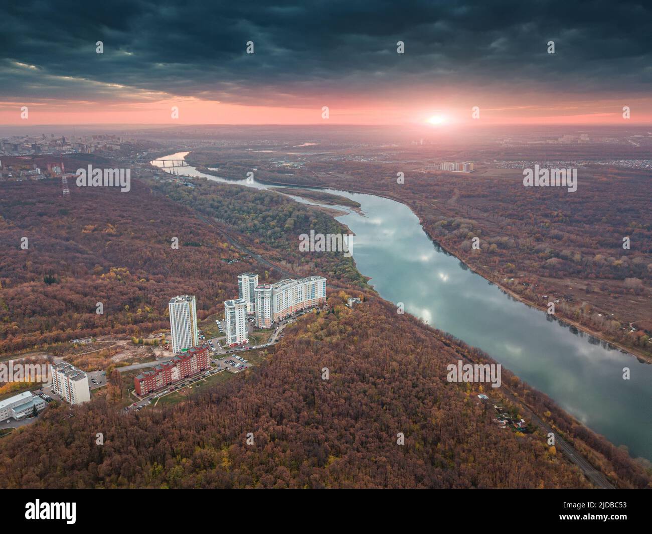 Aerial cityscape view of city districts. Autumn parks with colorful ...