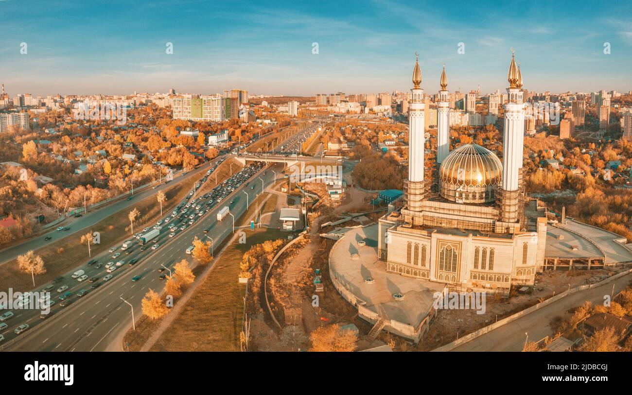 Aerial view of islamic mosque near a busy highway in Ufa. Sights and ...