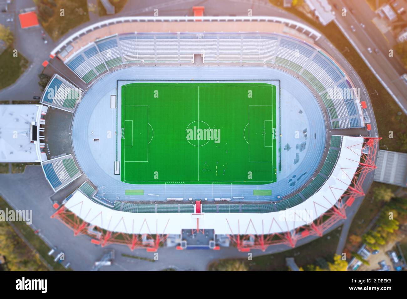 Aerial view of the football stadium. Soccer sports field and ...