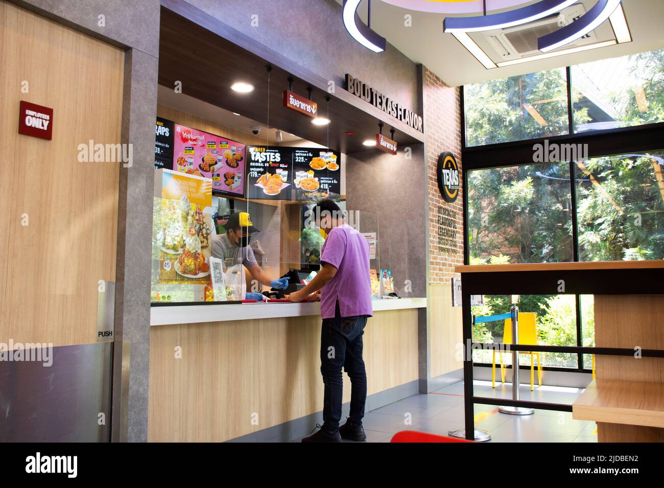 Thai man people look and read menu and order cuisine with woman ...