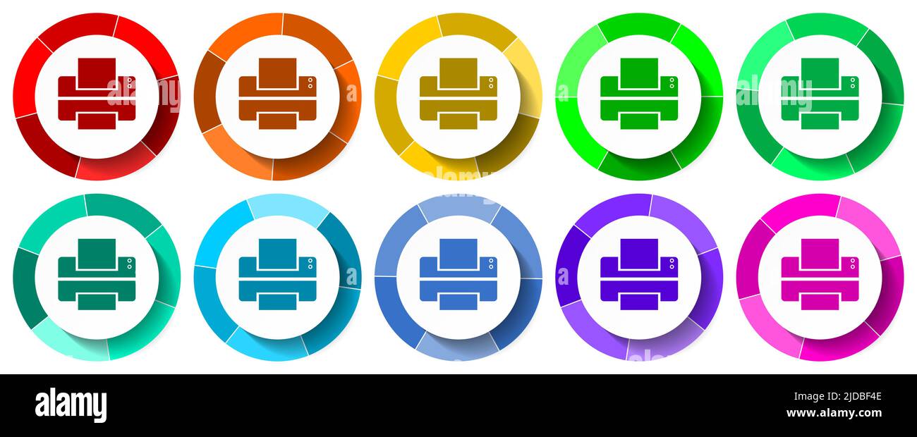 Printer icon set, print flat design vector illustration in 10 colors ...
