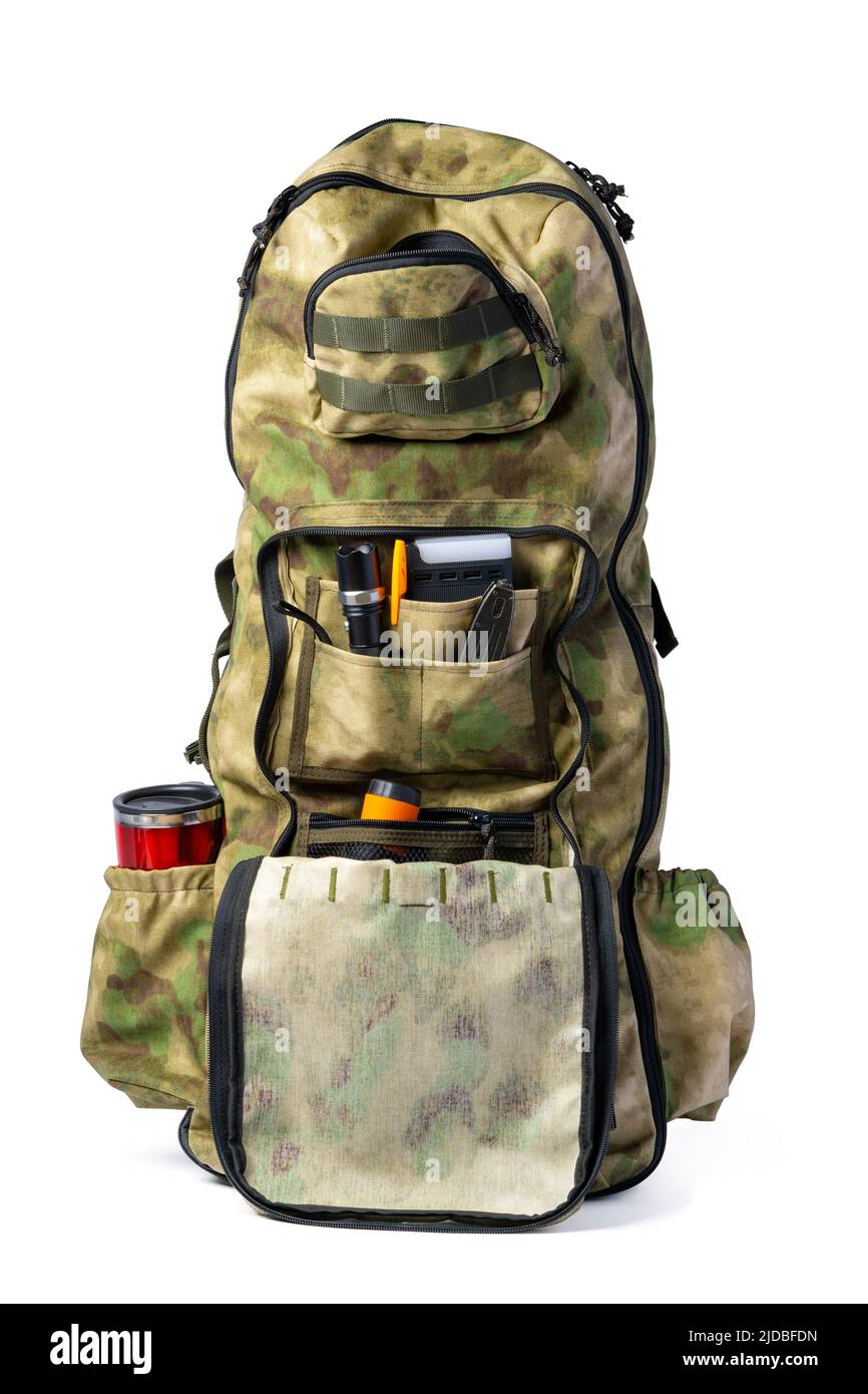 Open military backpack of khaki color on a white background Stock Photo ...