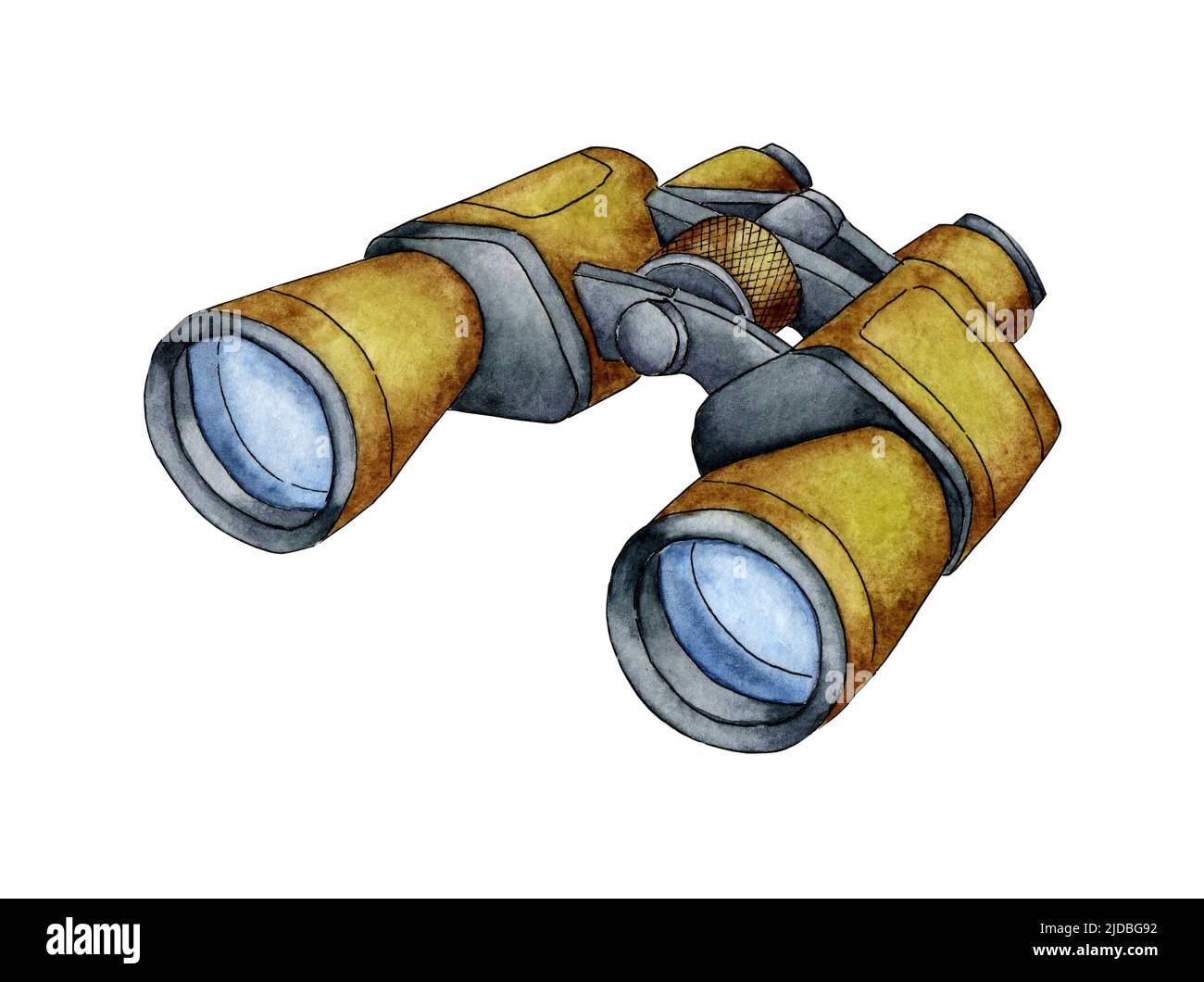 Watercolor illustration of green binoculars. An object for observing ...