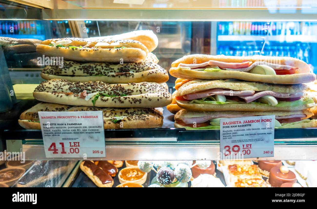Sandwiches on sale with price tags on display in Bucharest airport ...