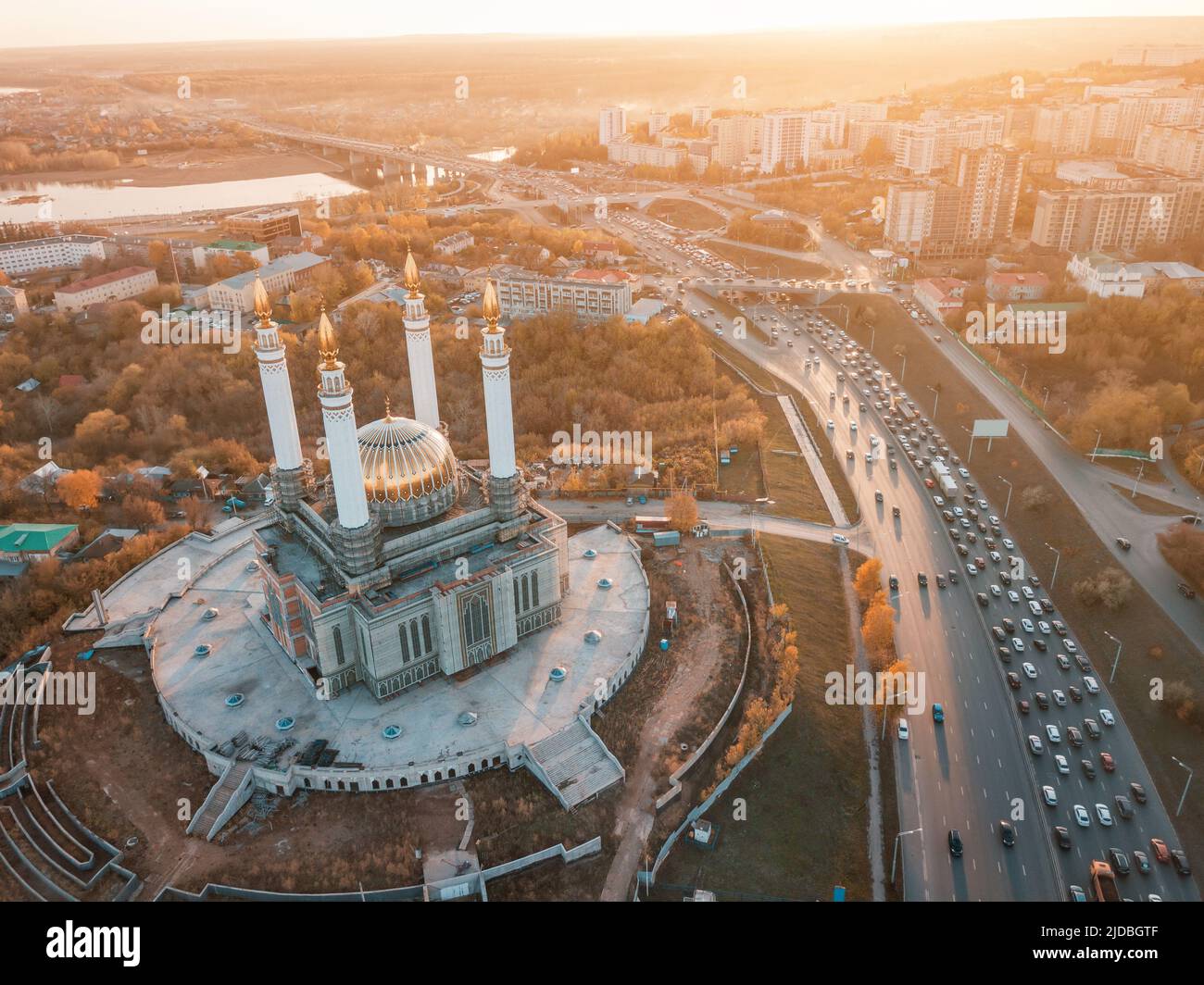 Aerial view of islamic mosque near a busy highway in Ufa. Sights and ...