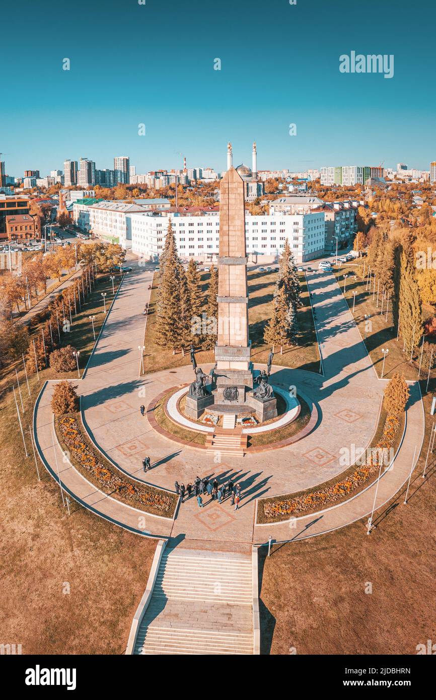 Aerial view of the Friendship Monument in the center of Ufa in ...