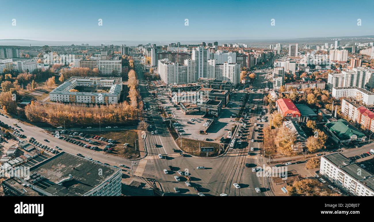 7 October 2021, Ufa, Russia: Aerial view of a city streets and ...