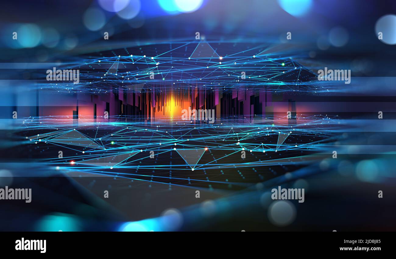 Cyber city. Digital technology and Bigdata. Blockchain network and ...