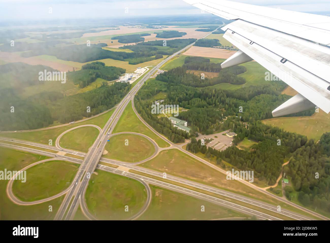 Flying over Belarus, near Minsk - aerial view of crossroads and ...