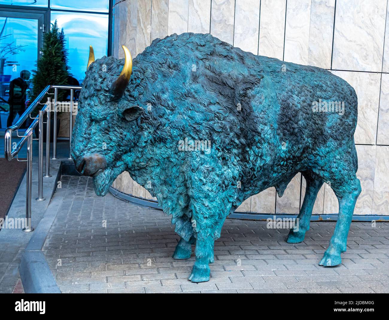 Bison sculpture at the entrance of Minsk national Airport, Belarus ...