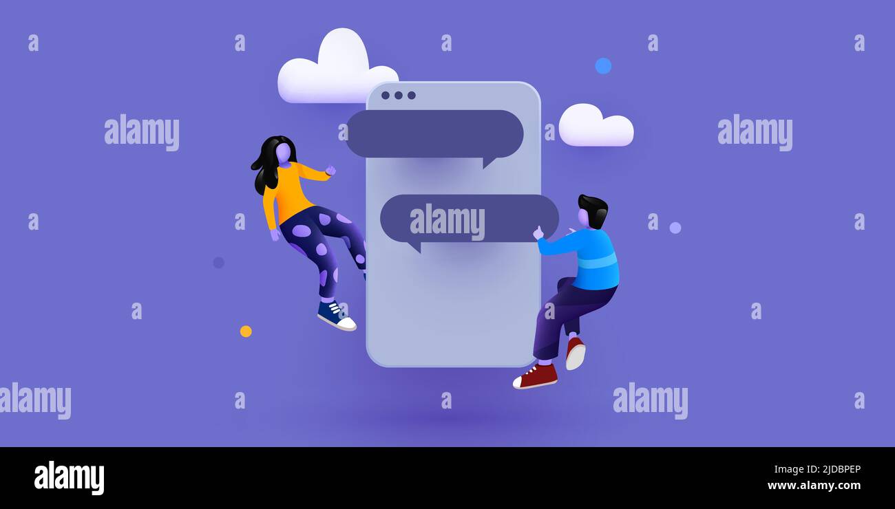 Small people flying around chat window. Talking couple. Online ...