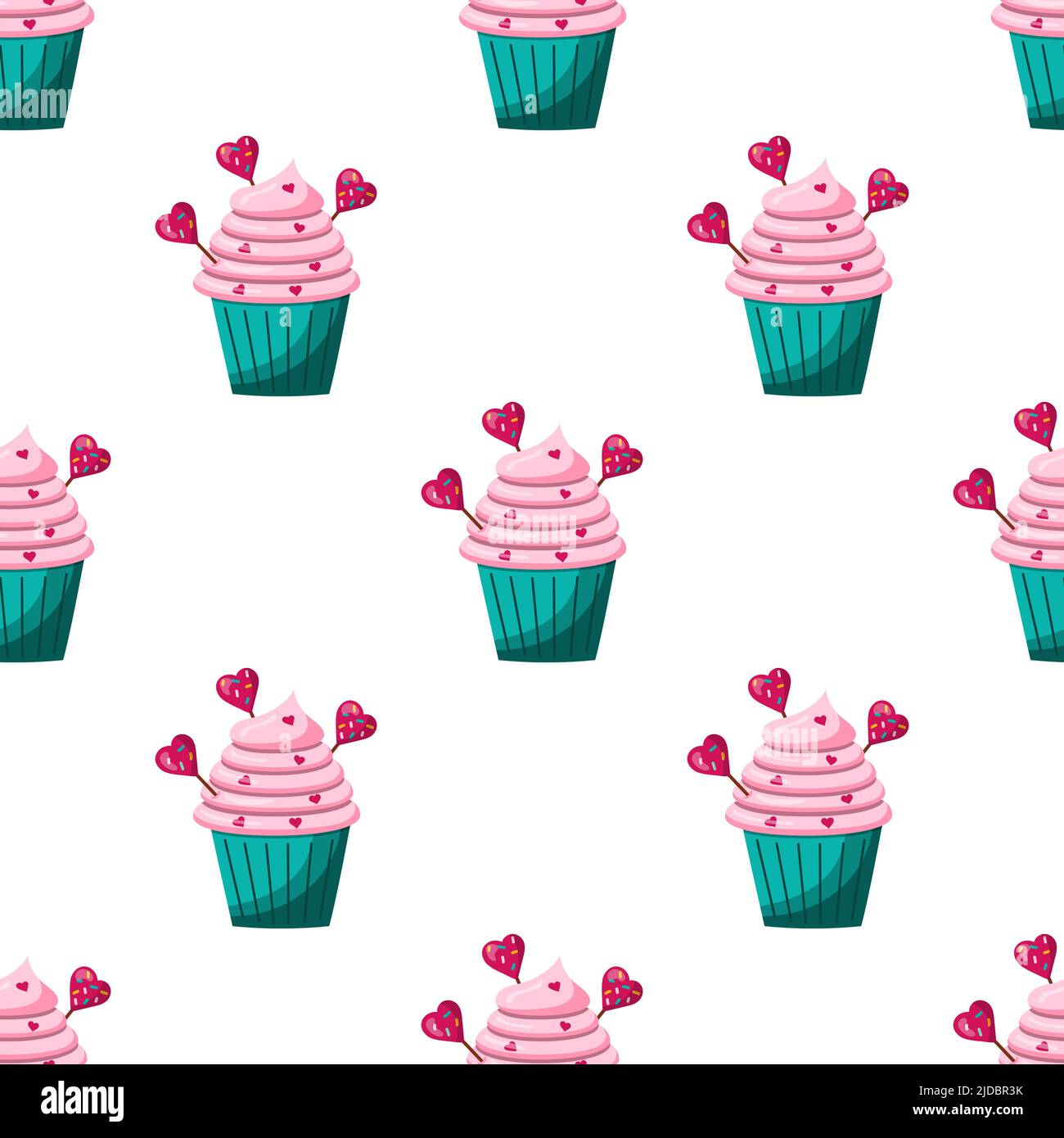 seamless cupcake pattern with pink cream and heart-shaped candies ...