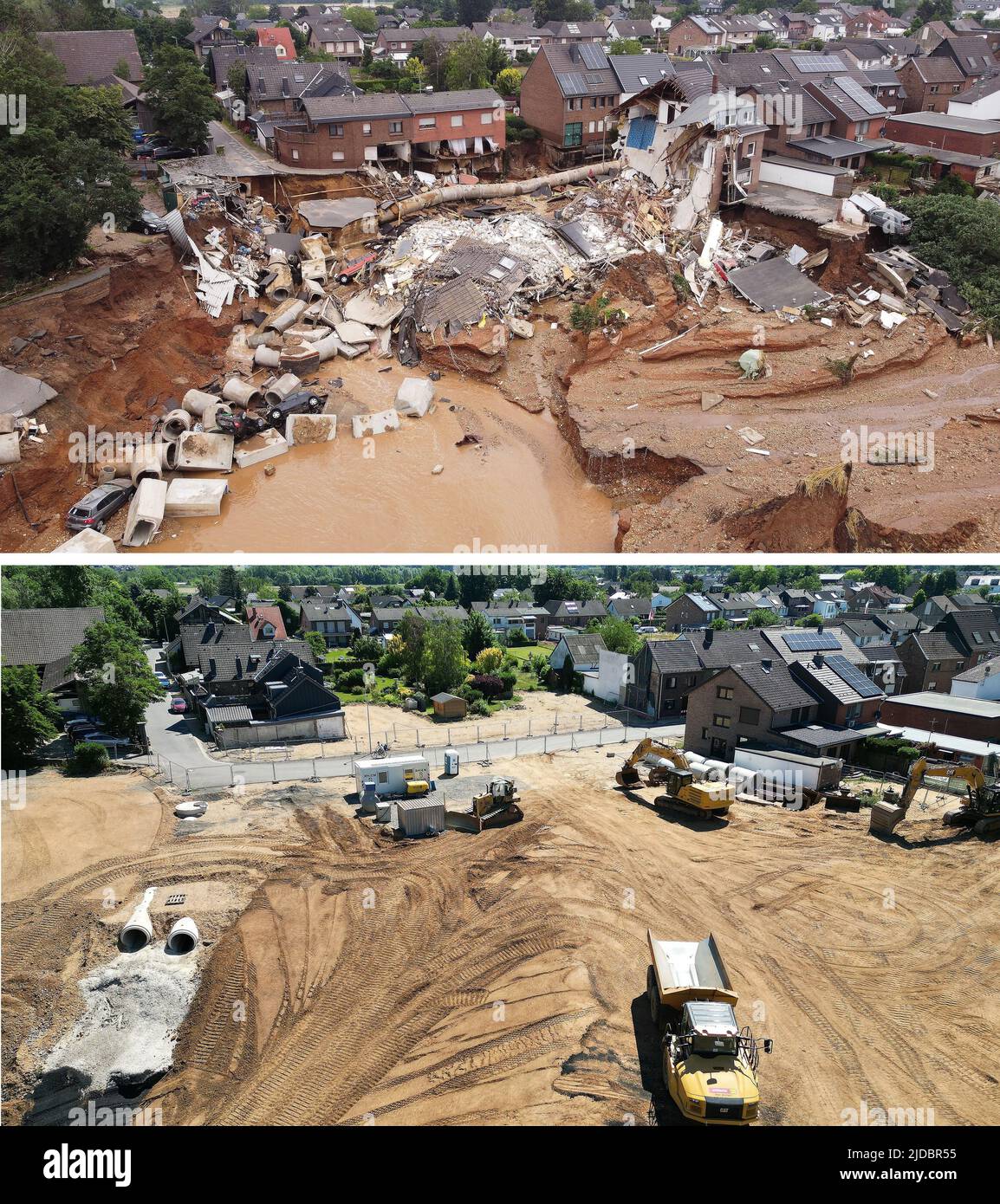 Erftstadt, Germany. 20th Feb, 2022. KOMBO - Debris and destroyed houses ...