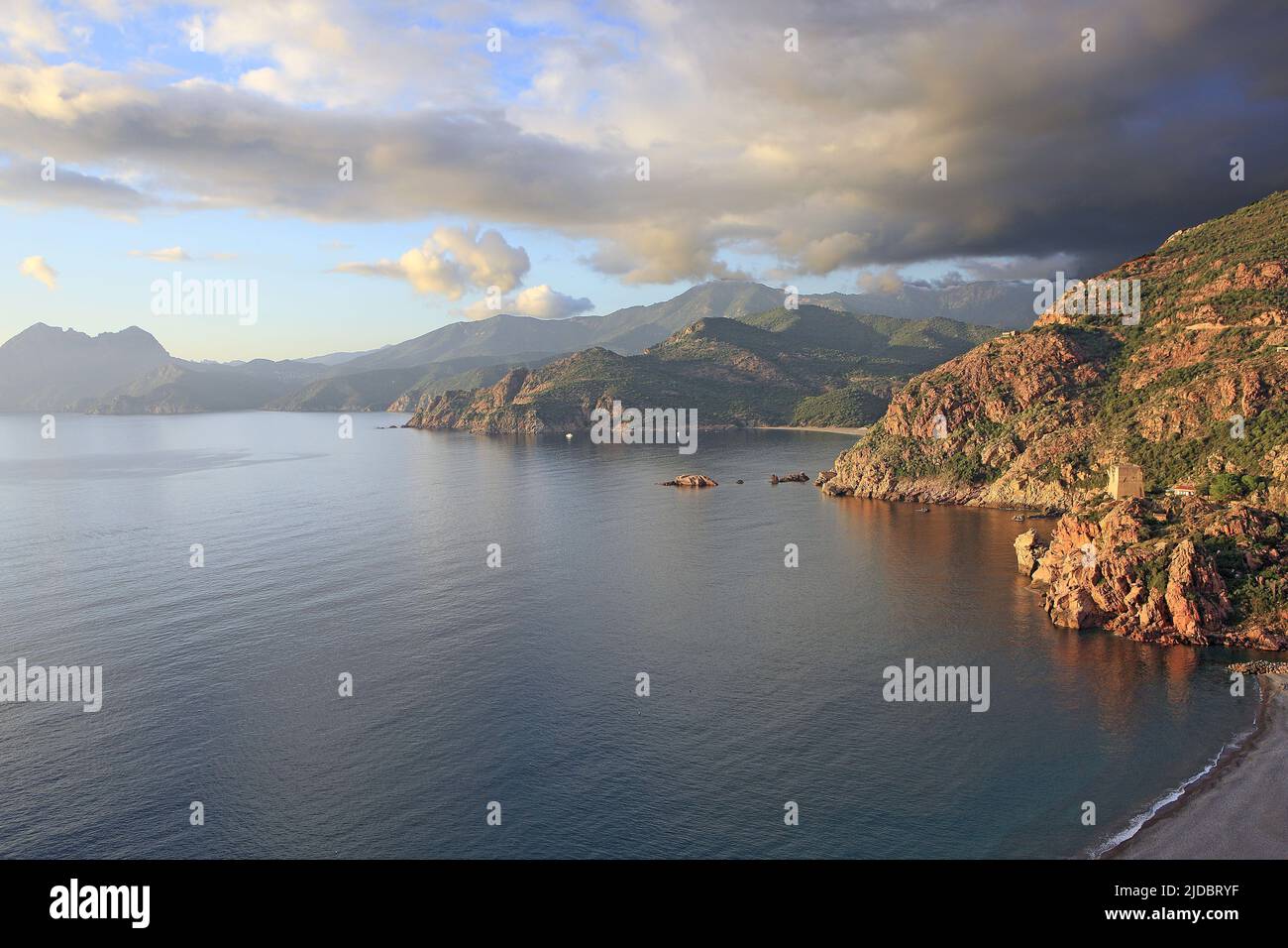France, Corsica Gulf of Porto, the Genoese tower from the cornice ...