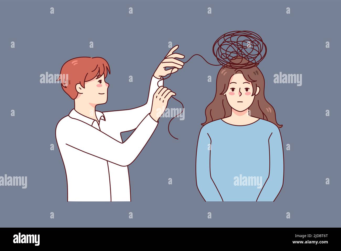 Psychologist work with woman patient unravel confused thoughts in head ...
