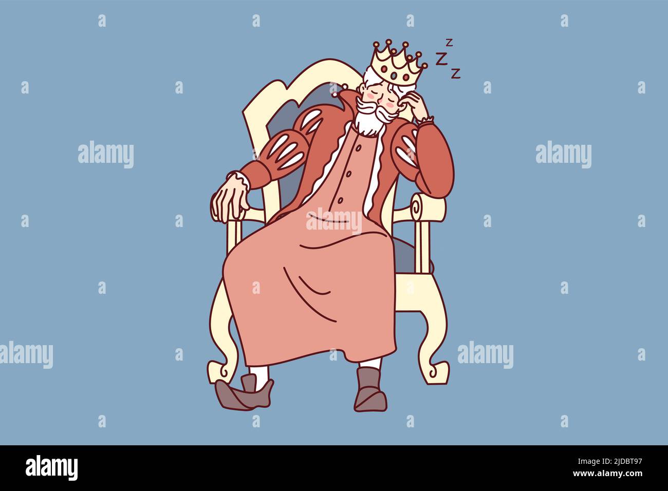 Bored king with crown on head fall asleep in chair. Tired monarch ...