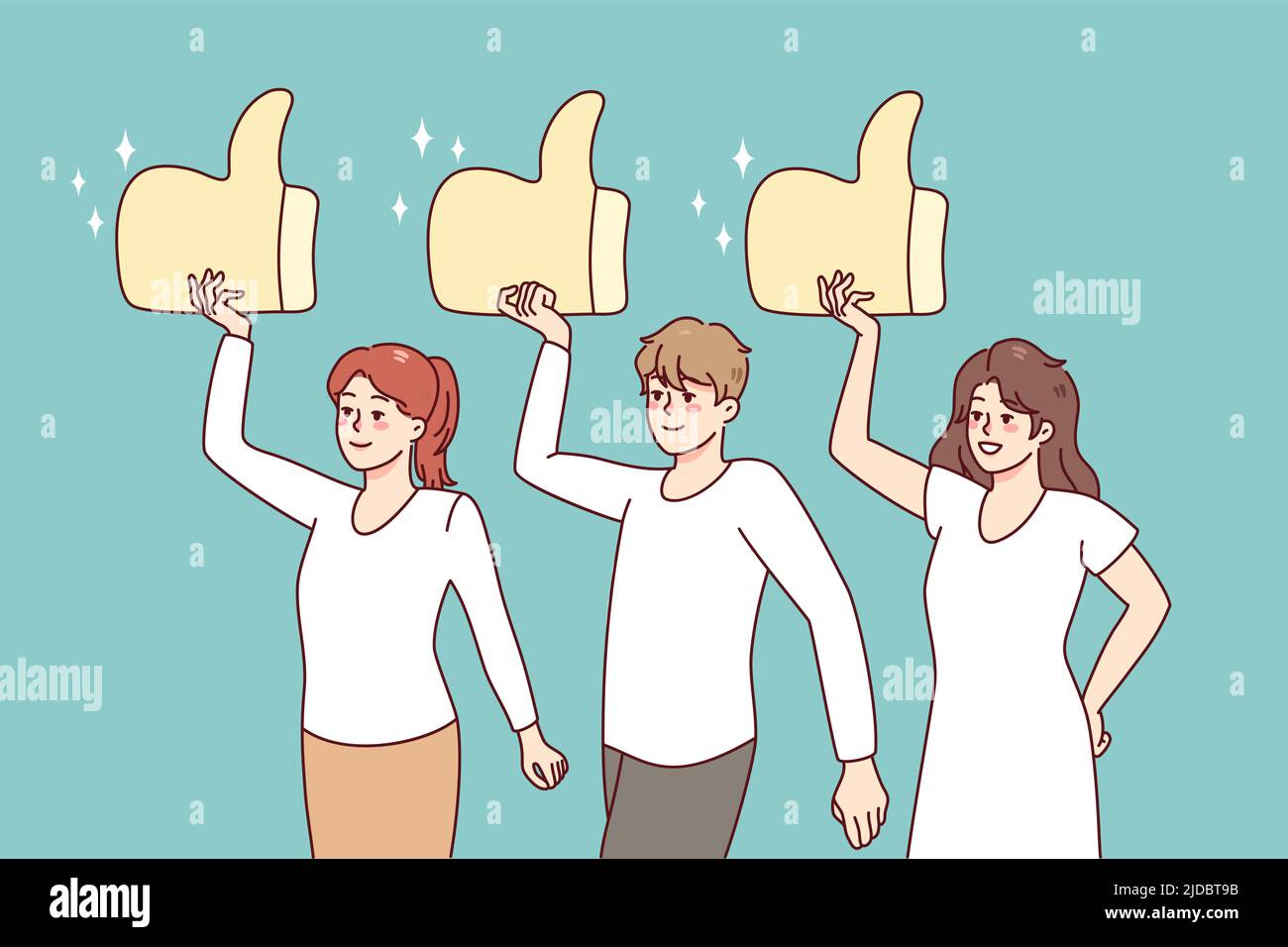 Diverse people holding huge like signs, giving good review to service ...