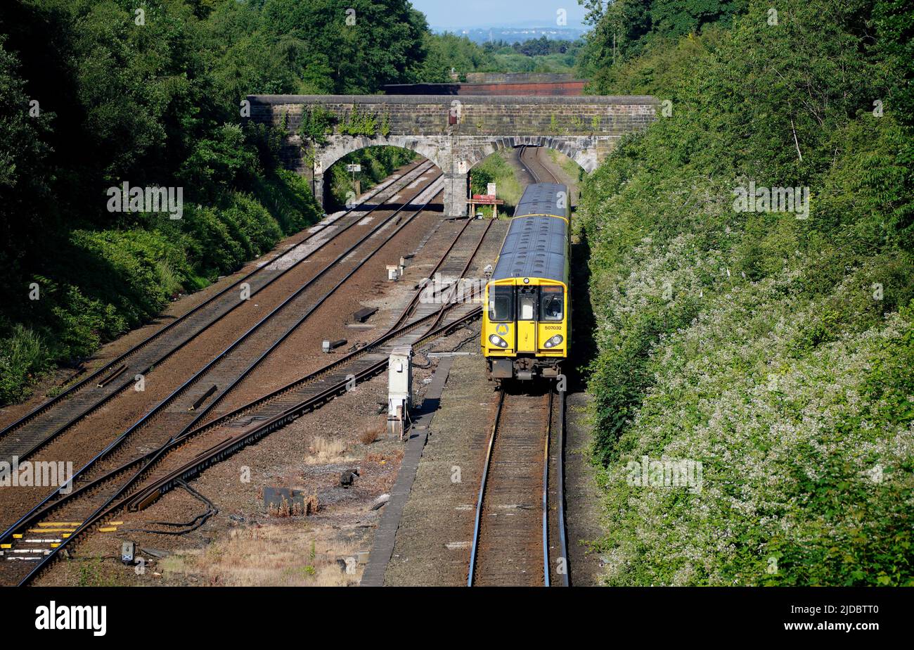A train pulls into Hunts Cross Station, Liverpool. MerseyRail has ...