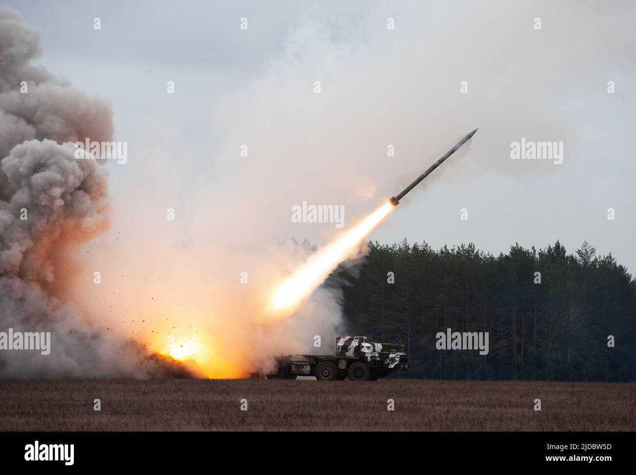 Launch of military missiles (rocket artillery) at the firing field ...