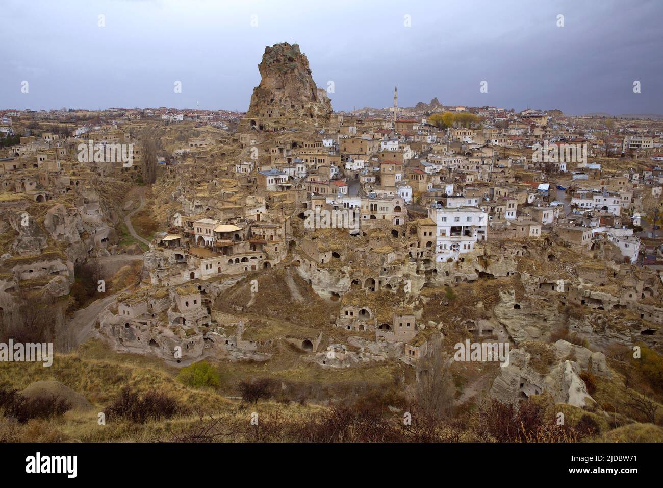 Turkey, Cappadocia, Ortahisar village with cave dwellings, natural ...
