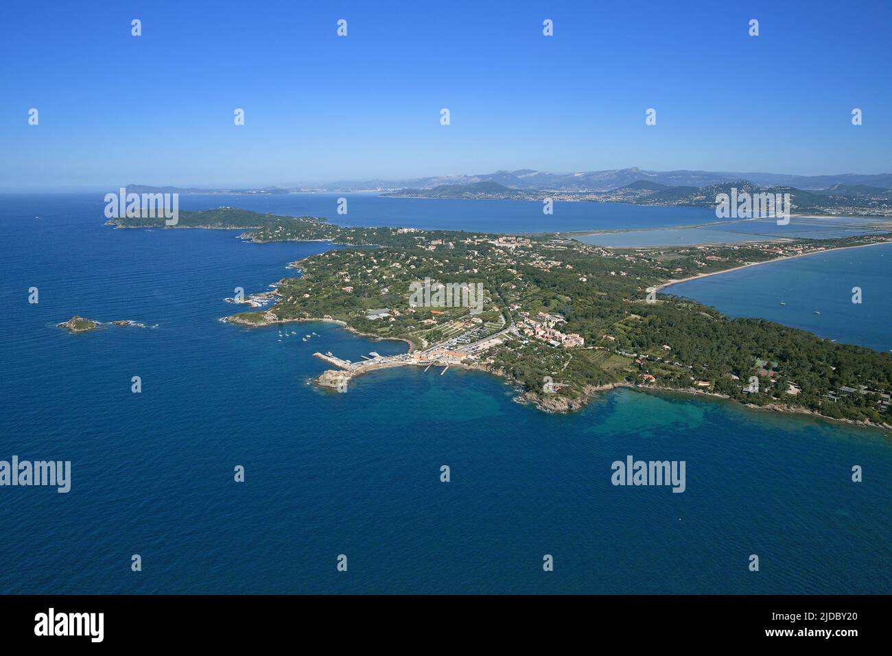 France, Var, Hyères, the Giens peninsula, and its port (aerial photo ...