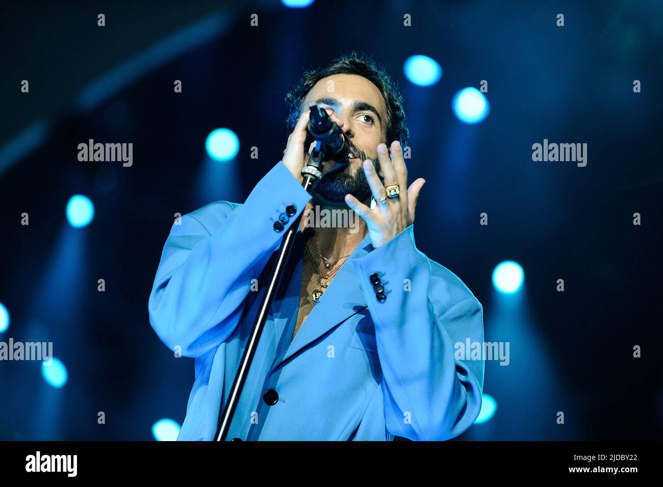 Milan, Italy. 19th June, 2022. Marco Mengoni singing on the stage-milan ...