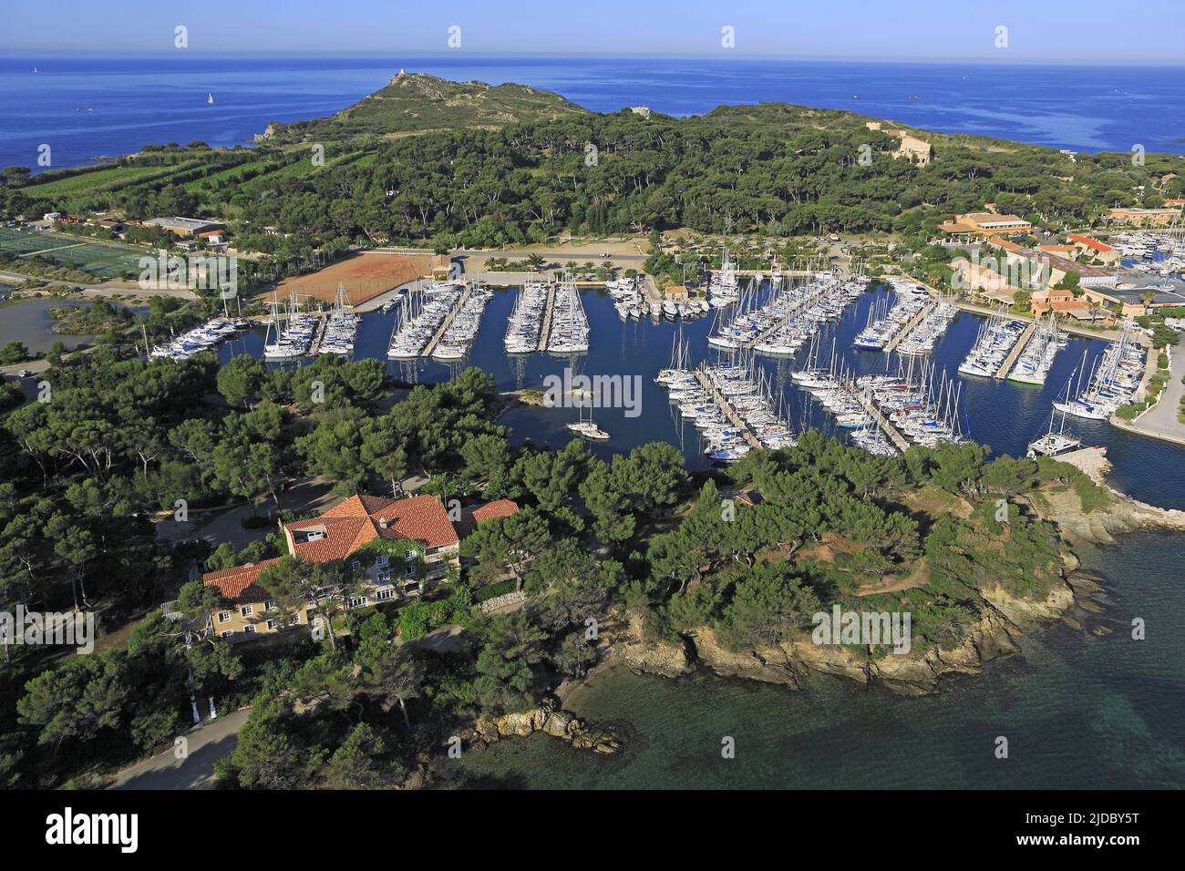 France, Var, Embiez Island, the largest island and its port, opposite ...