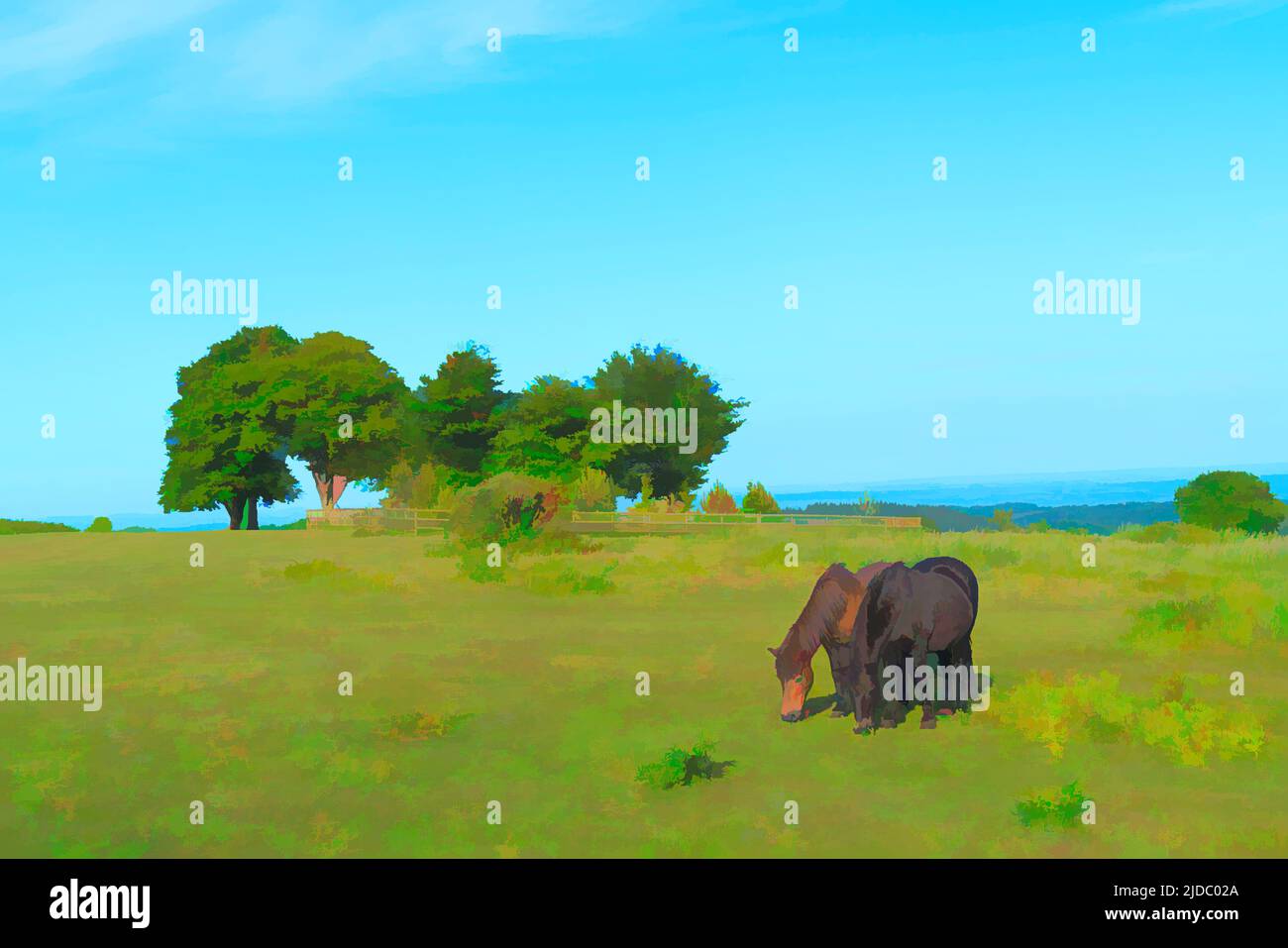 Ponies grazing by trees in field rural scene blue sky illustration ...