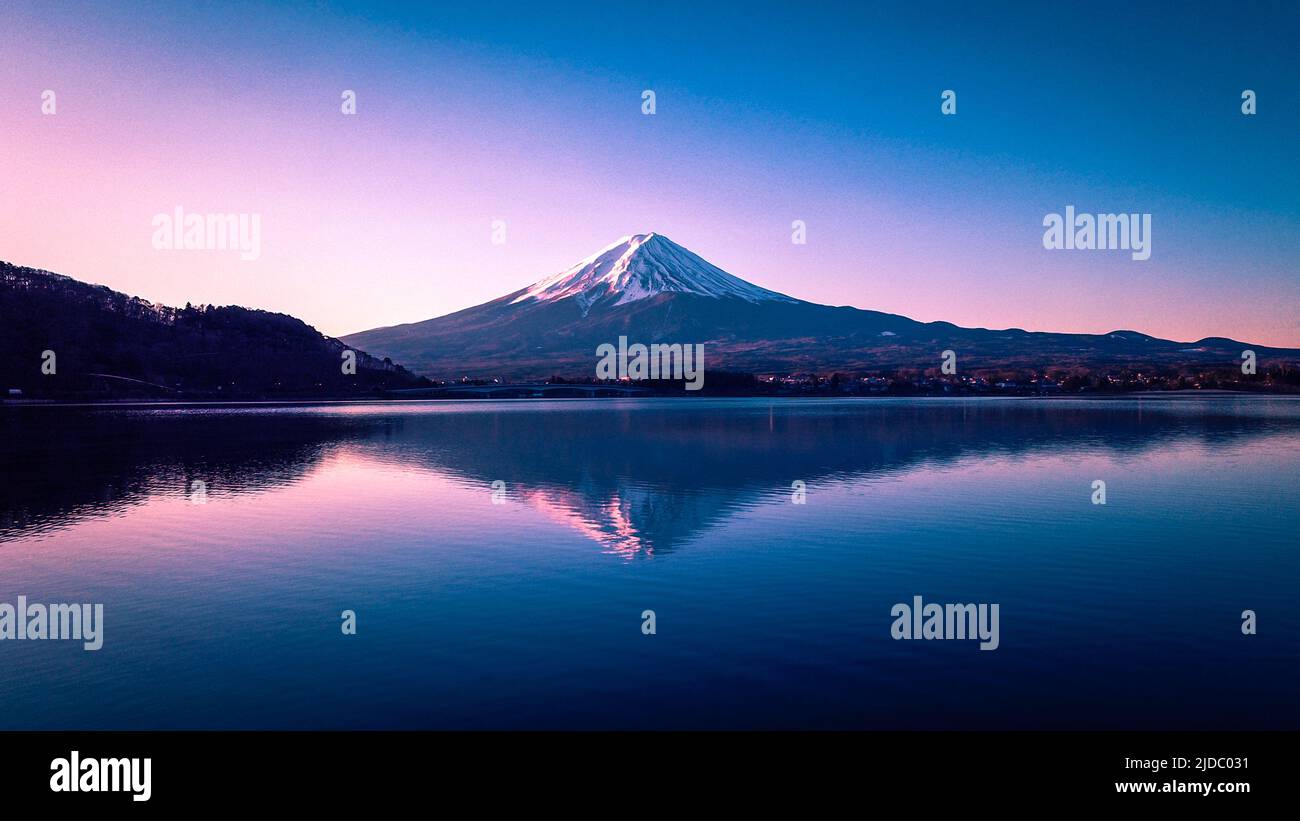 Sunrise View to the Fuji Mount in the Clear Pink and Violet Sky, Japan ...