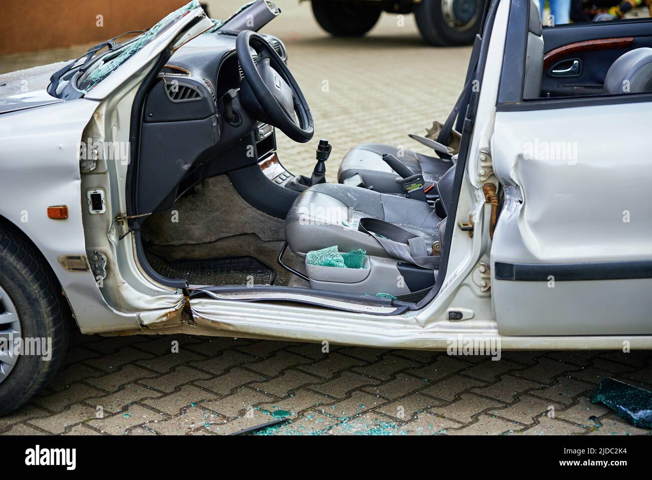 Wrecked car after crash traffic accident on road, Concept of dangerous ...