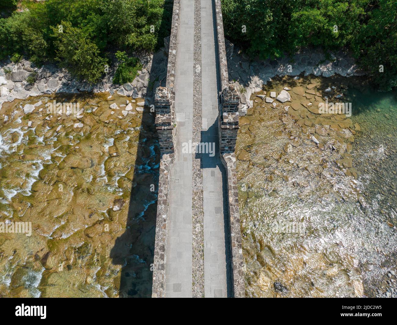 Aerial view. Drought and dry rivers. Roman bridge of Bobbio over the ...