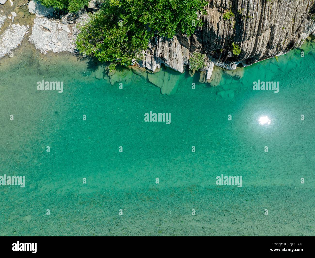 Aerial view of the Trebbia river in Val Trebbia. Beaches for swimming ...