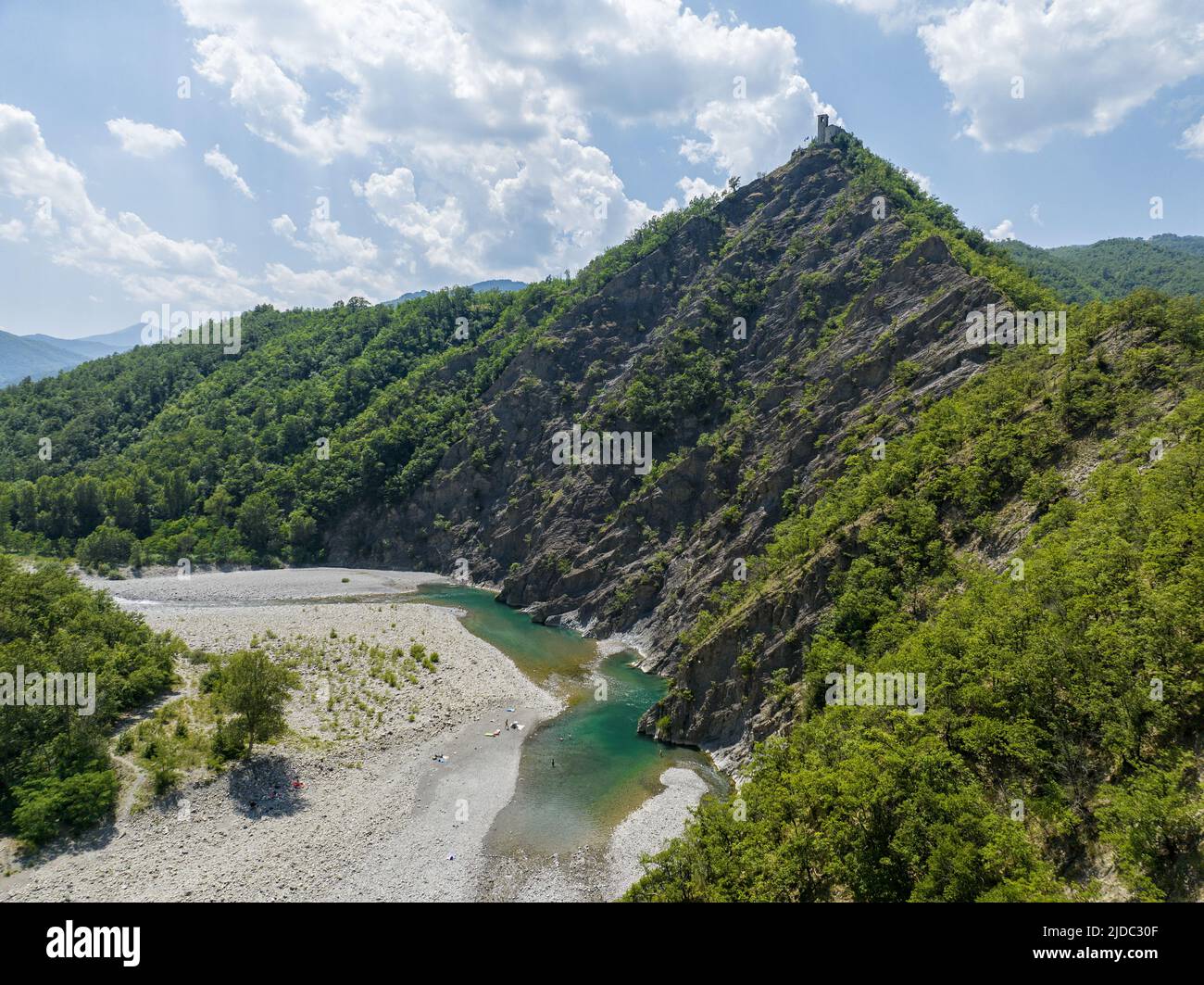 Aerial view of the Trebbia river in Val Trebbia. Beaches for swimming ...